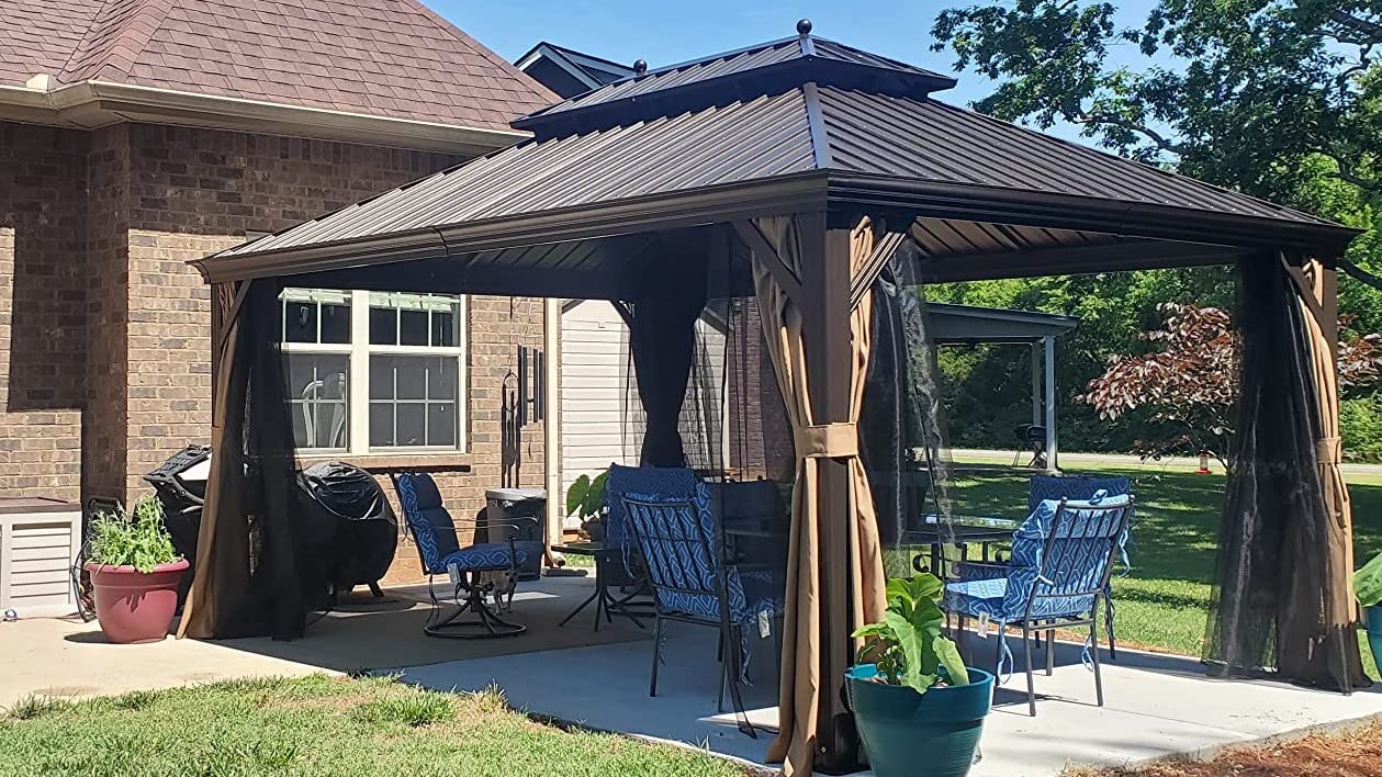 YOLENY 12'x16' Hardtop Gazebo with Double Galvanized Steel Roof, Pergolas Aluminum Frame, Curtains and Netting Included, Metal Outdoor Gazebos for Patios, Garden, Lawns, Parties