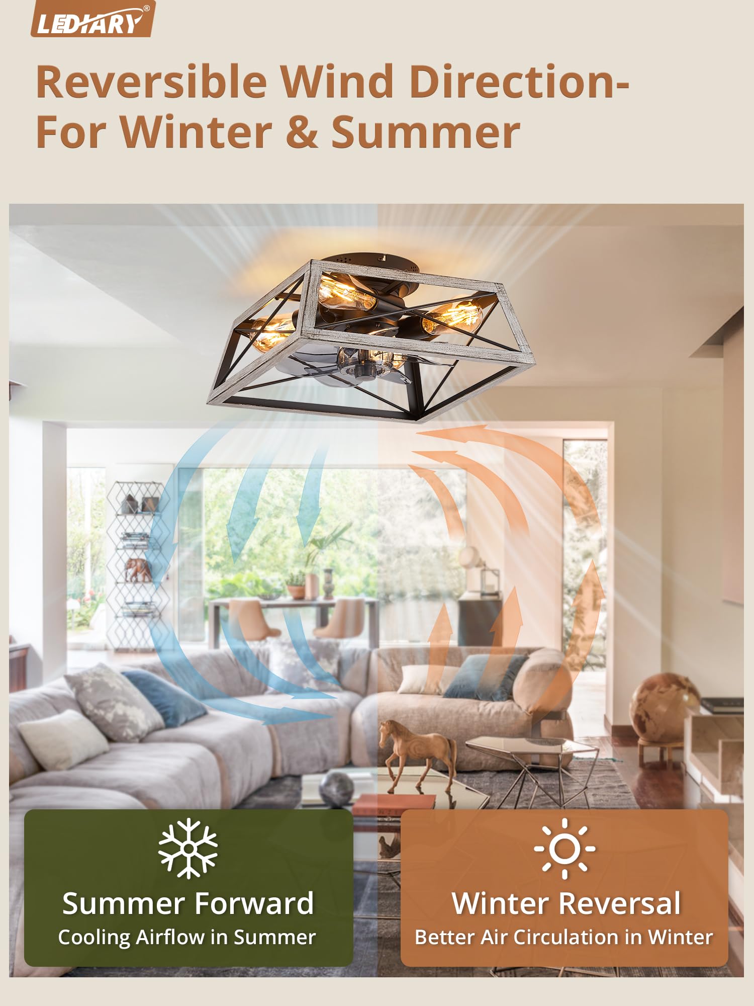 LEDIARY Ceiling Fans With Lights Remote Control, 22 Inch Farmhouse Caged Flush Mount Ceiling Fan Low Profile, Small Industrial Rustic Quiet Ceiling Fan With Remote For Bedroom, Kitchen, Indoor Home