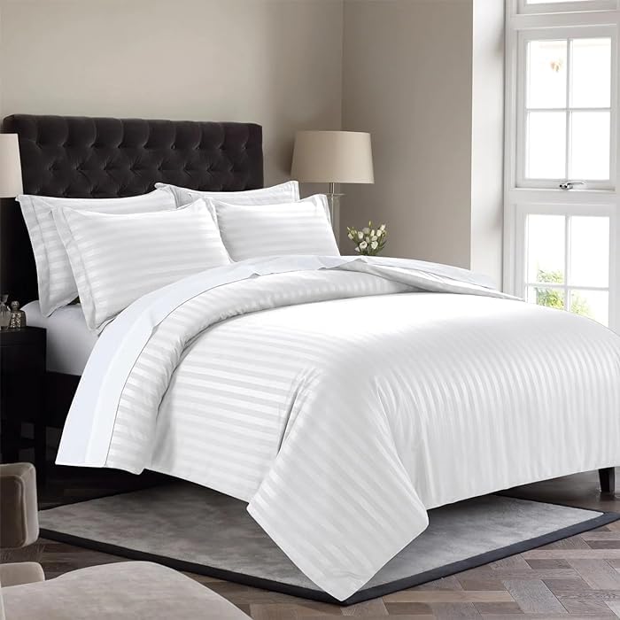 Saferay Green 100% Cotton Duvet Cover Set 120"x128" - Premium 600 Thread Count, Cooling Comforter Cover, Soft Sateen Weave, Zipper Closure and Corner Ties (Oversized King Plus, Stripe White,)