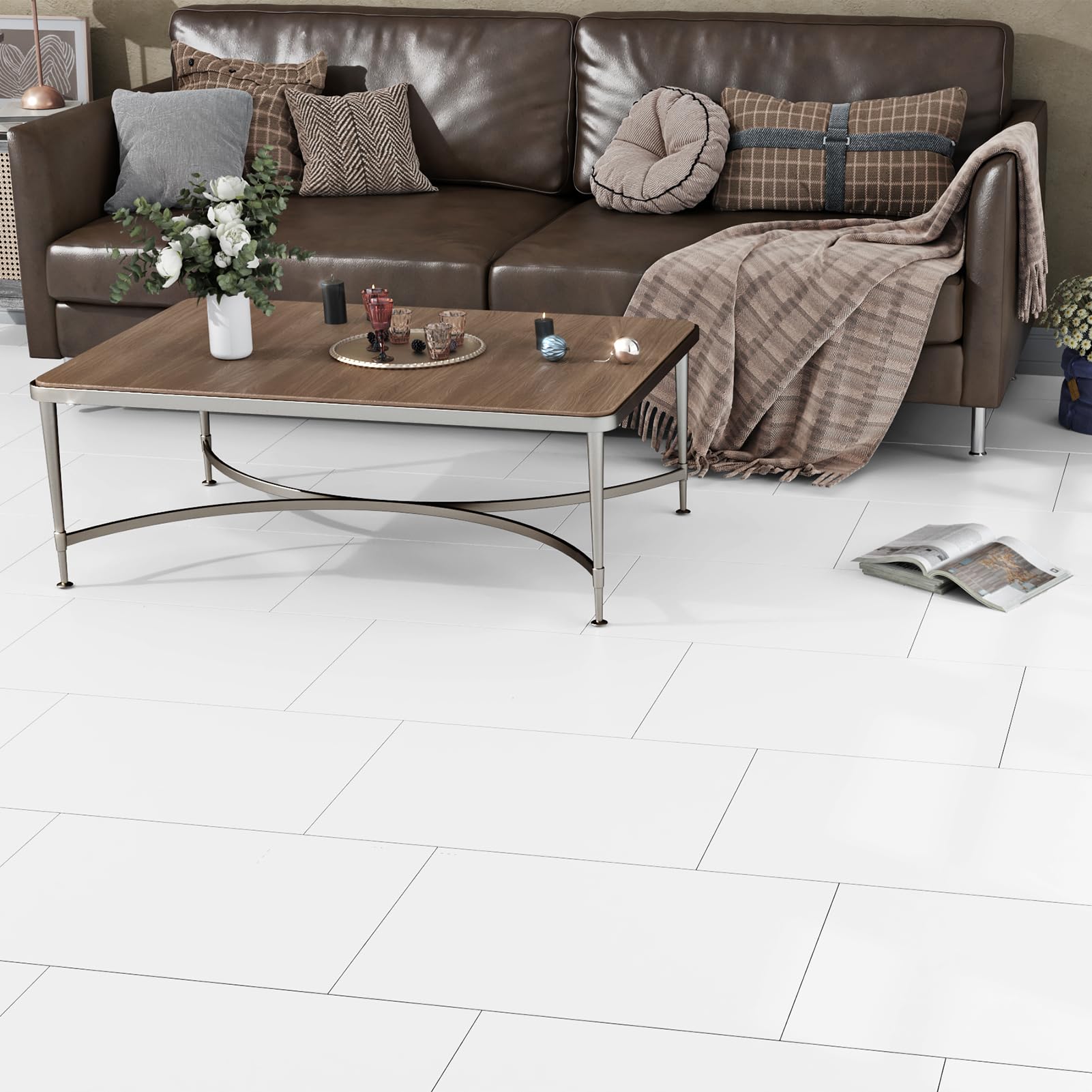 STICKEEP White Peel and Stick Floor Tile Waterproof 12"x24" Sheet Vinyl Flooring Peel and Stick Bathroom Floor Tile Stickers Linoleum Flooring Self Adhesive Floor Tiles Vinyl for Bedroom Kitchen 4 PCS