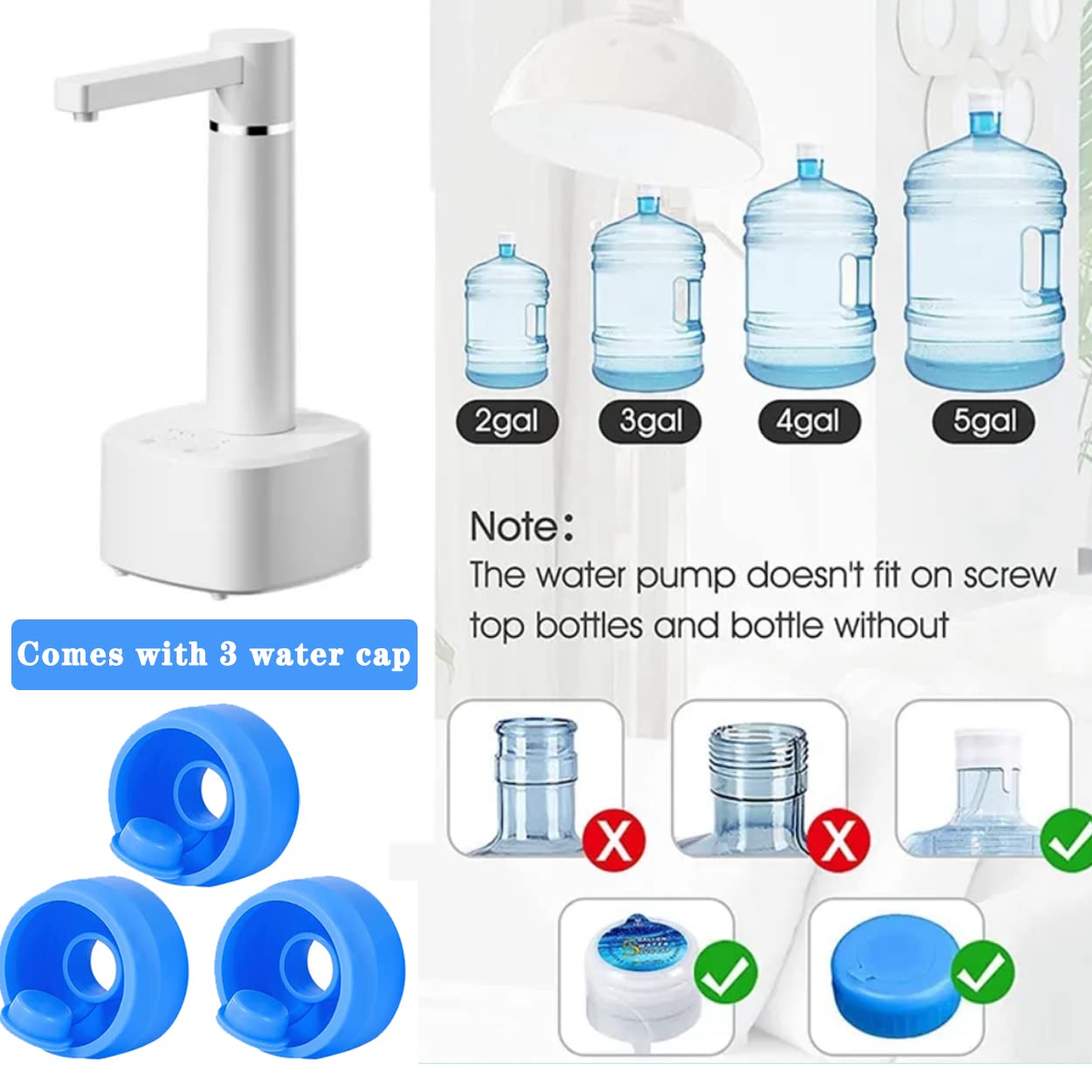Desktop Water Dispenser for 5 Gallon Bottle, Electric Water Pump Portable USB Charging with 3 Water Jug Cap for Home, Office, Outdoor, 5 Gallon Water Dispenser