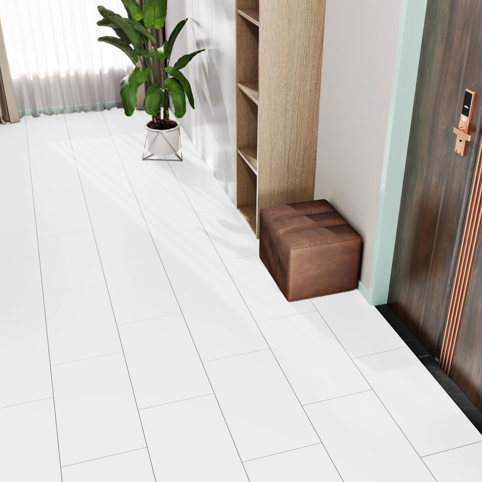 STICKEEP White Peel and Stick Floor Tile Waterproof 12"x24" Sheet Vinyl Flooring Peel and Stick Bathroom Floor Tile Stickers Linoleum Flooring Self Adhesive Floor Tiles Vinyl for Bedroom Kitchen 4 PCS