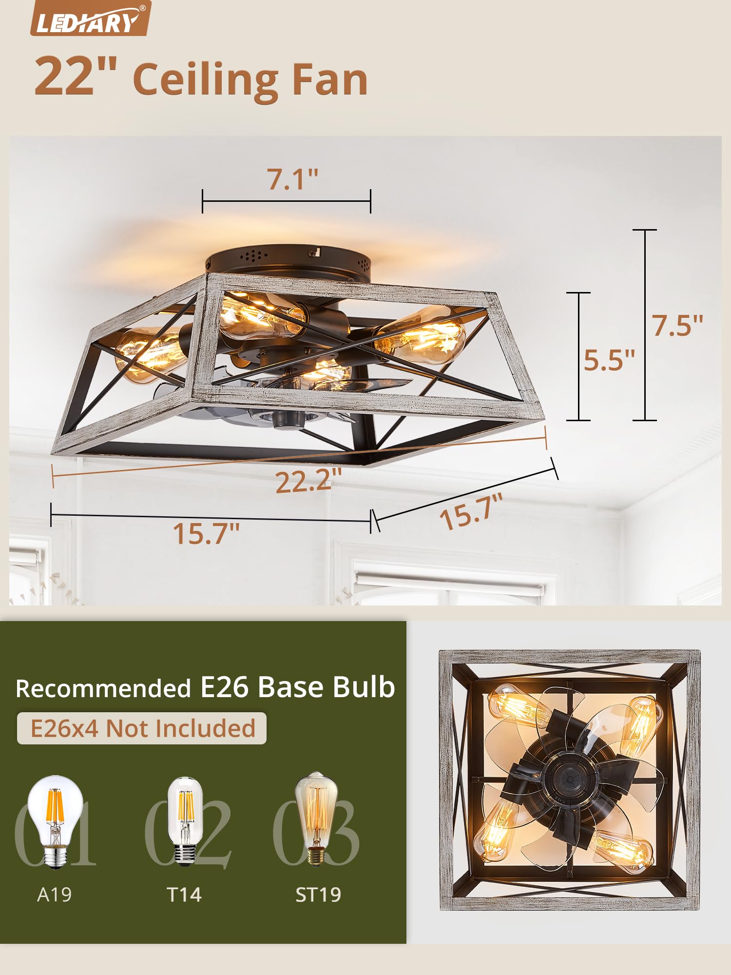 LEDIARY Ceiling Fans With Lights Remote Control, 22 Inch Farmhouse Caged Flush Mount Ceiling Fan Low Profile, Small Industrial Rustic Quiet Ceiling Fan With Remote For Bedroom, Kitchen, Indoor Home