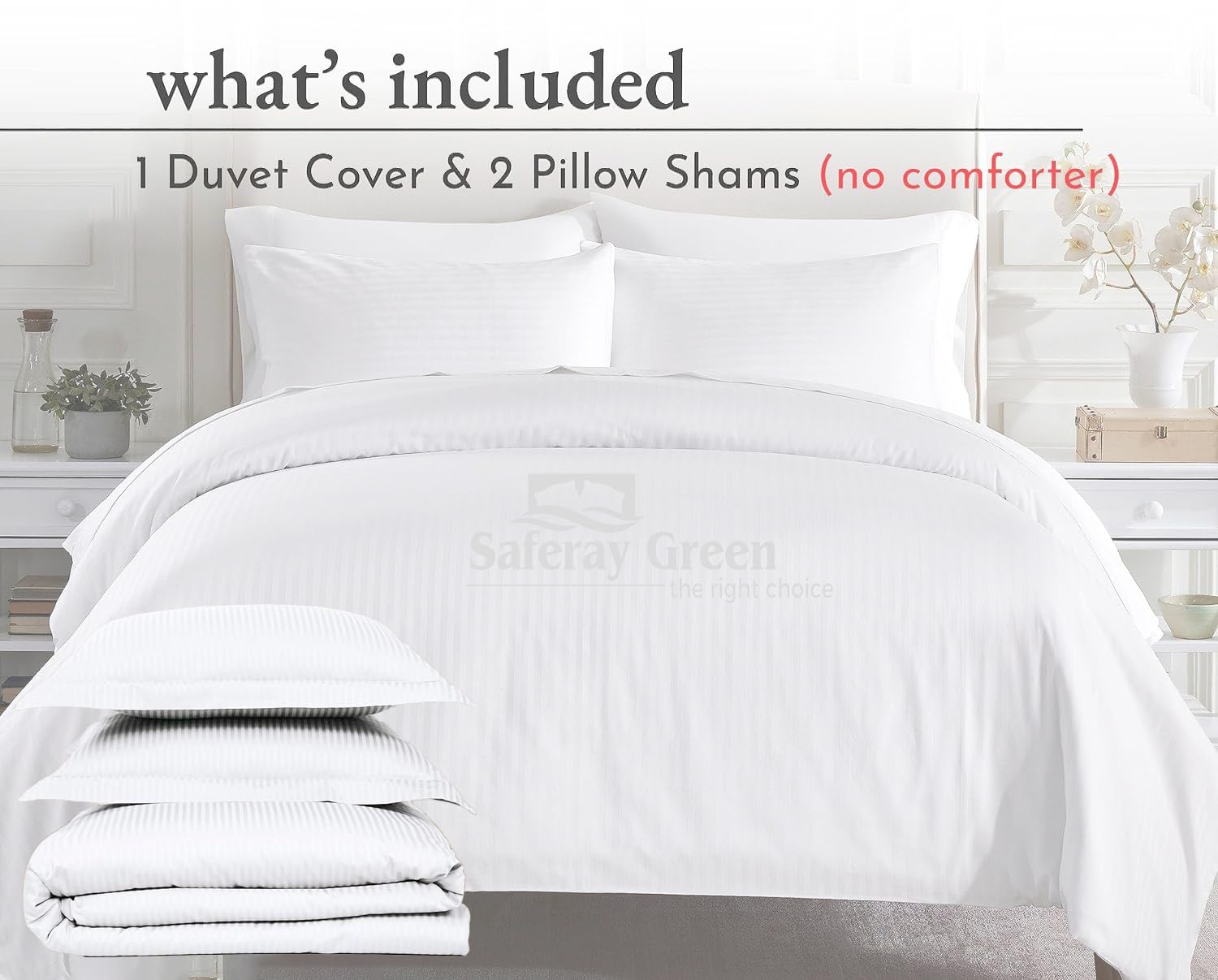 Saferay Green 100% Cotton Duvet Cover Set 120"x128" - Premium 600 Thread Count, Cooling Comforter Cover, Soft Sateen Weave, Zipper Closure and Corner Ties (Oversized King Plus, Stripe White,)