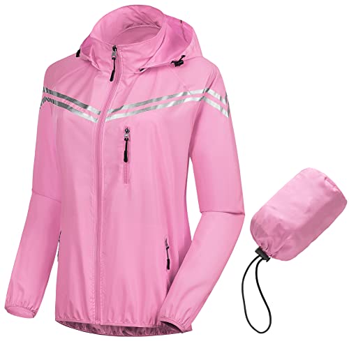 CREATMO US Women's Packable Waterproof Rain Gear Cycling Jackets Running Raincoats Lightweight Packable Windproof Windbreaker Pink M