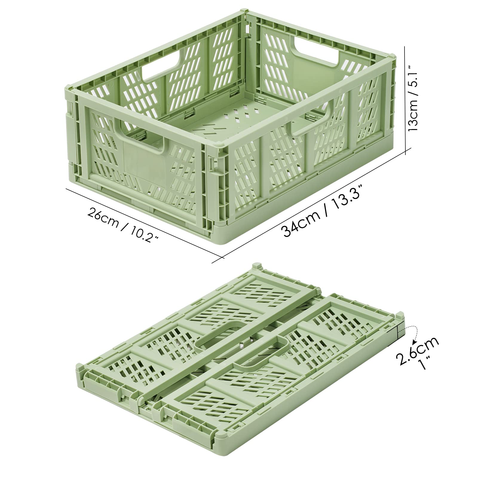 Phyllia 4 Pack Plastic Storage Baskets, Pantry Organizer Basket Bins with Handles, Foldable Storage Baskets for Organizing Shelves Closet Home Kitchen Bathroom Office (Green, 13.3"x10.2"x5.1")