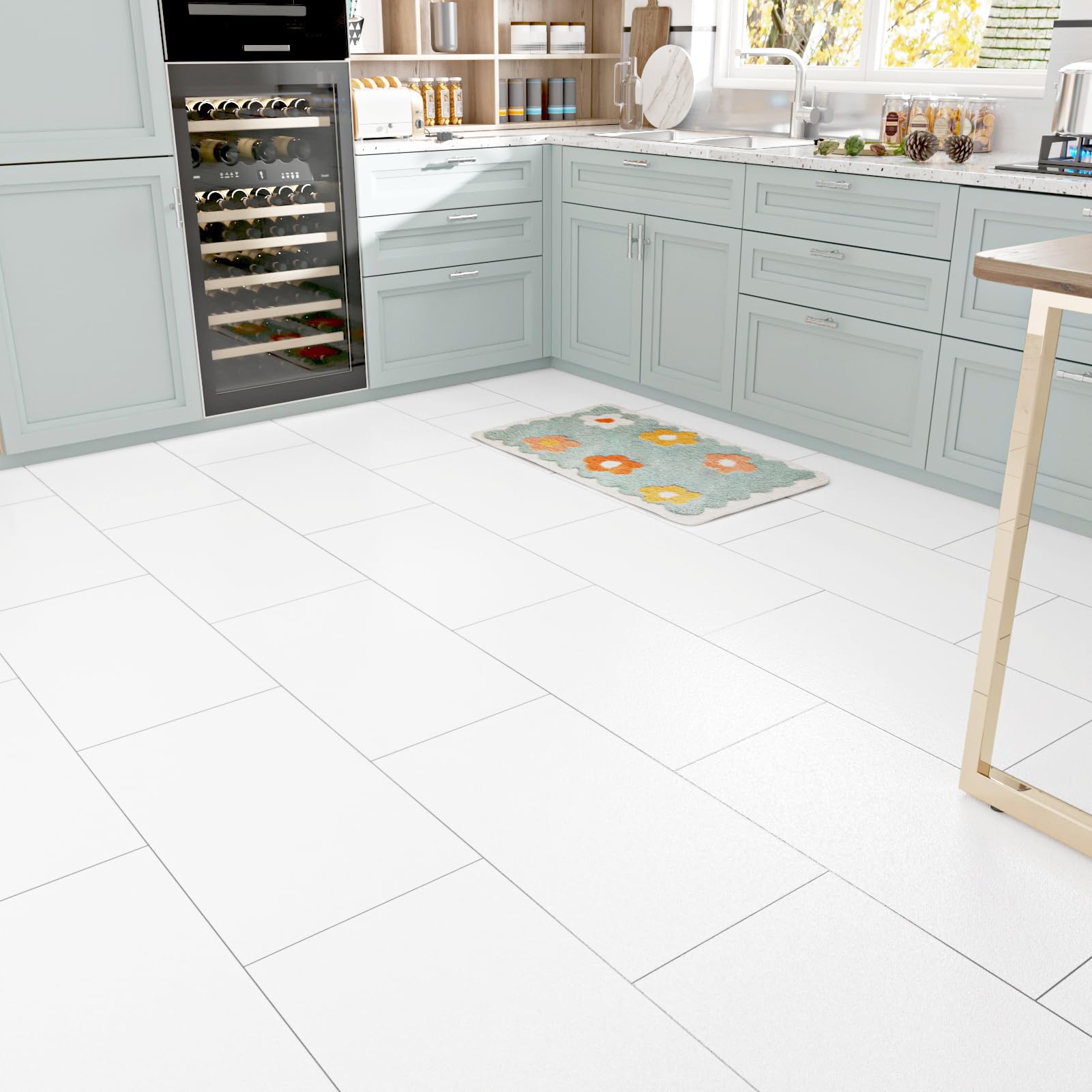 STICKEEP White Peel and Stick Floor Tile Waterproof 12"x24" Sheet Vinyl Flooring Peel and Stick Bathroom Floor Tile Stickers Linoleum Flooring Self Adhesive Floor Tiles Vinyl for Bedroom Kitchen 4 PCS