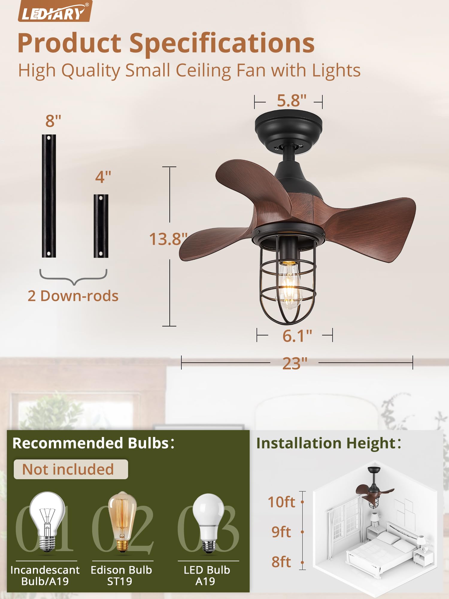 LEDIARY 23" Farmhouse Ceiling Fans with Lights - 6 Speeds Caged Ceiling Fan with Light, Small Ceiling Fan with Remote Control, Time Setting, 3 Reversible Blades for Indoor/Outdoor (Bulb Not Included)