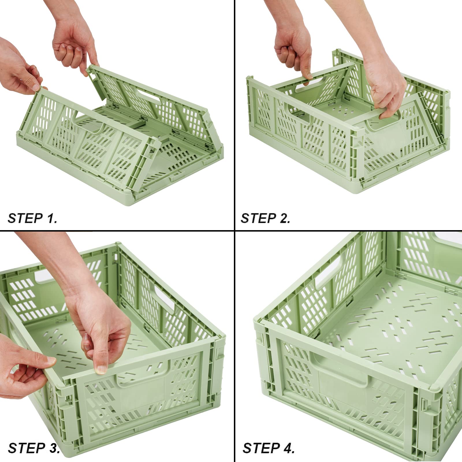 Phyllia 4 Pack Plastic Storage Baskets, Pantry Organizer Basket Bins with Handles, Foldable Storage Baskets for Organizing Shelves Closet Home Kitchen Bathroom Office (Green, 13.3"x10.2"x5.1")