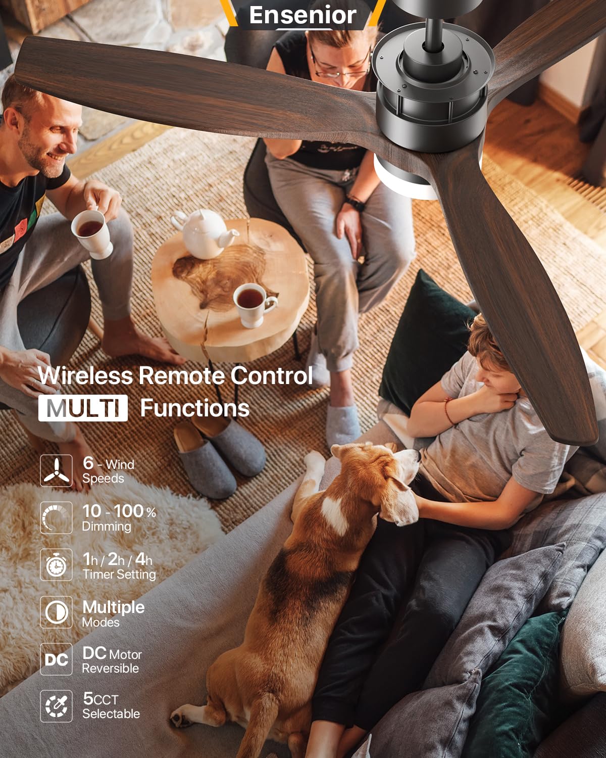 Ensenior 52’’ Wood Ceiling Fan with Light and Remote Control, Reversible and Silent DC motor, Modern Ceiling Fan with Remote for Bedroom, Living Room, 5CCT selectable LED Light, Black (335)
