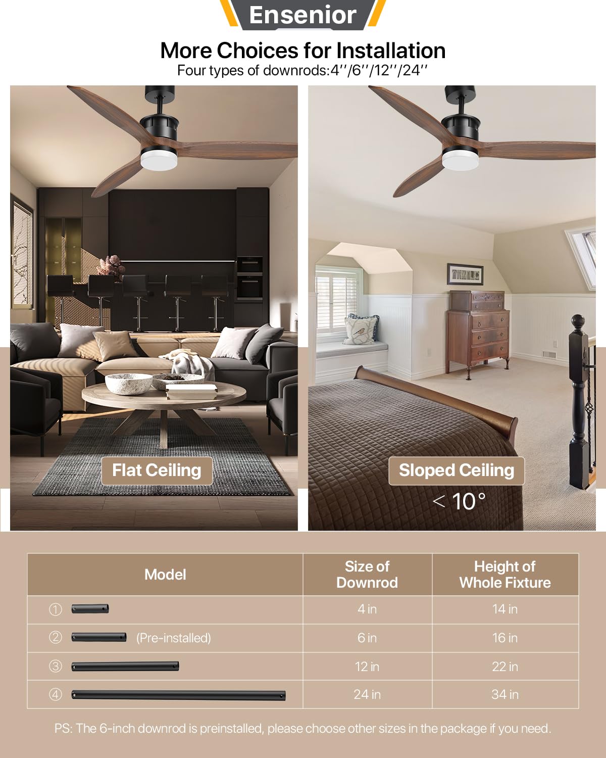 Ensenior 52’’ Wood Ceiling Fan with Light and Remote Control, Reversible and Silent DC motor, Modern Ceiling Fan with Remote for Bedroom, Living Room, 5CCT selectable LED Light, Black (335)