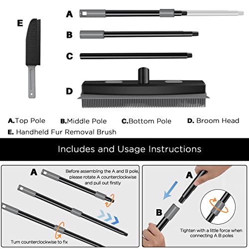 Sunally Rubber Broom Pet Hair Remover, Fur Remover Broom with Squeegee for Fluff Carpet, Hardwood Floor, Tile, Window, Black Grey, Includes Portable Lint Remover Brush and Broom Holder