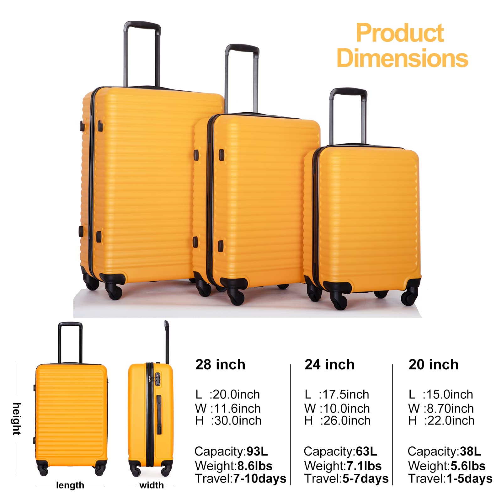 Tripcomp Luggage Sets 3piece Set Hardshell Luggage with Spinner Wheels, TSA Lock, Travel Suitcase Sets, 20 Inch Carry On, 24 Inch Mid-size, 28 Inch Large siutcase(Orange)