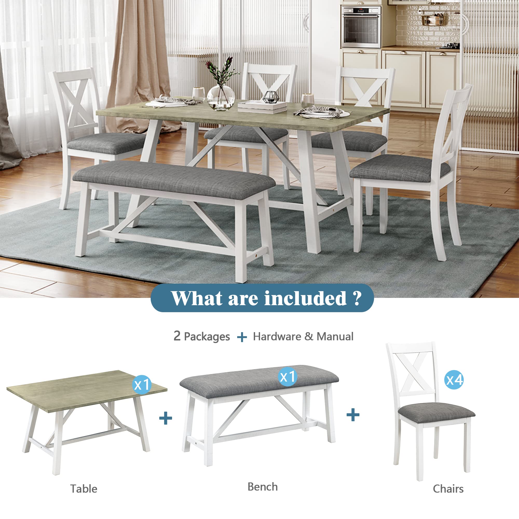 6 Piece Dining Table Set, Wood Dining Dinette Table and 4 Chairs with 1 Bench with Cushion, Rustic Style Kitchen Table Set for 6 Persons, White with Gray