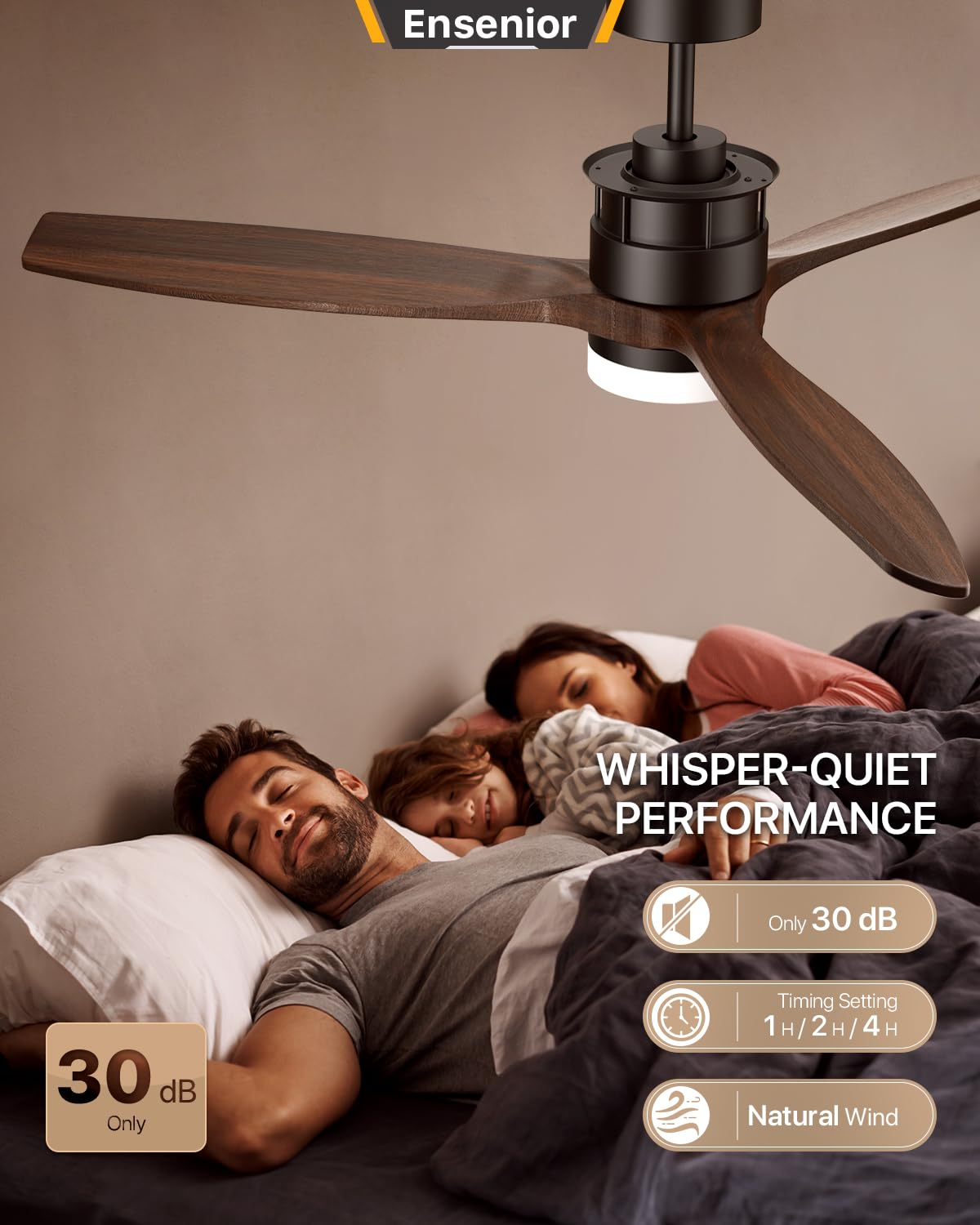 Ensenior 52’’ Wood Ceiling Fan with Light and Remote Control, Reversible and Silent DC motor, Modern Ceiling Fan with Remote for Bedroom, Living Room, 5CCT selectable LED Light, Black (335)