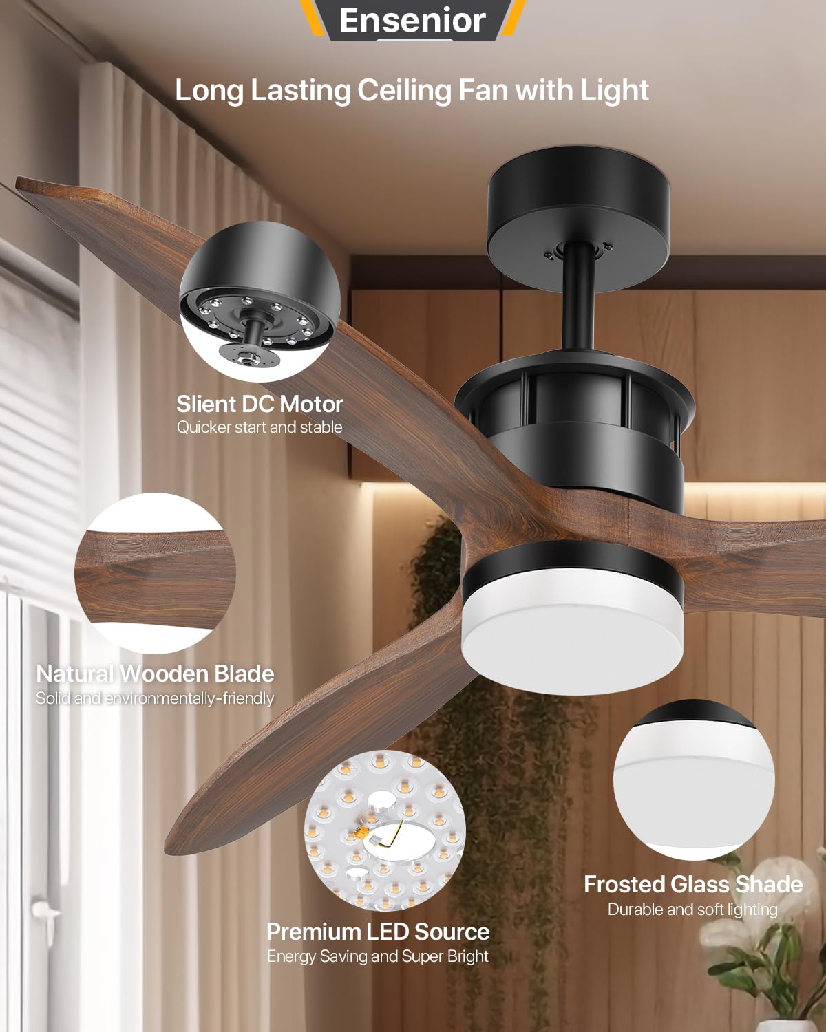 Ensenior 52’’ Wood Ceiling Fan with Light and Remote Control, Reversible and Silent DC motor, Modern Ceiling Fan with Remote for Bedroom, Living Room, 5CCT selectable LED Light, Black (335)