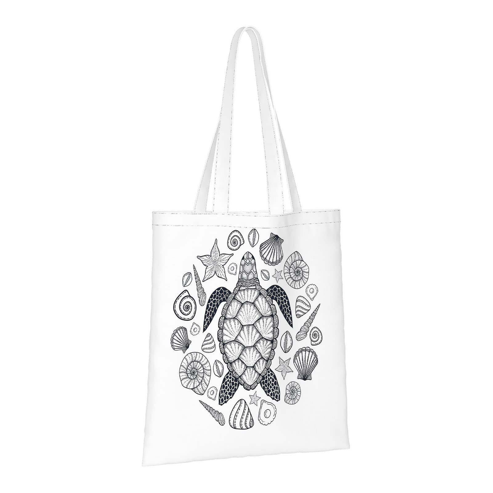TifyDon Canvas Tote Bag,Tropical Turtle Shells Reusable Large Shopping Shoulder Tote Bag For Women,Sea Art Style Top View Ocean Boho Doodle Tribal Artwork Carapace Beach Tote Bags Bulk