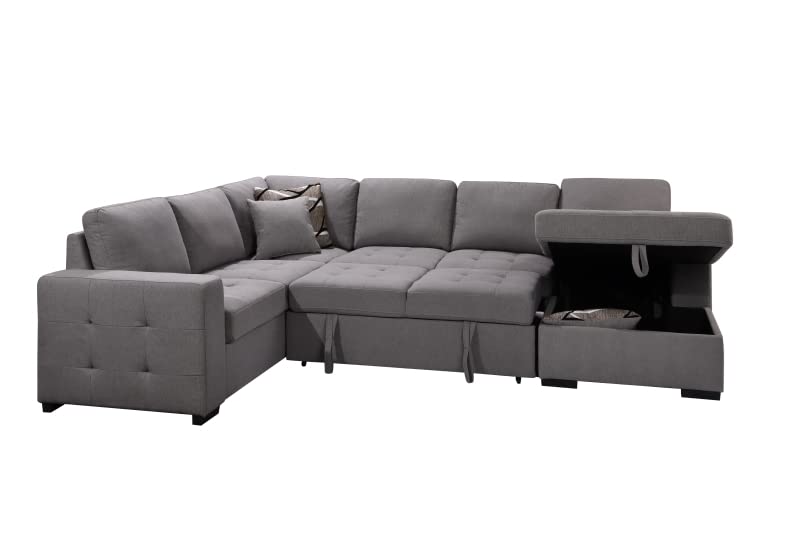 U-Shaped Oversized Polyester Sectional Sofa with Pull Out Sleeper Couch Bed & Storage Chaise Lounge, King Functional Sofá w/ 4 Pillows for Large Flat Mansion Villa Living Room Furniture Sets, Grey