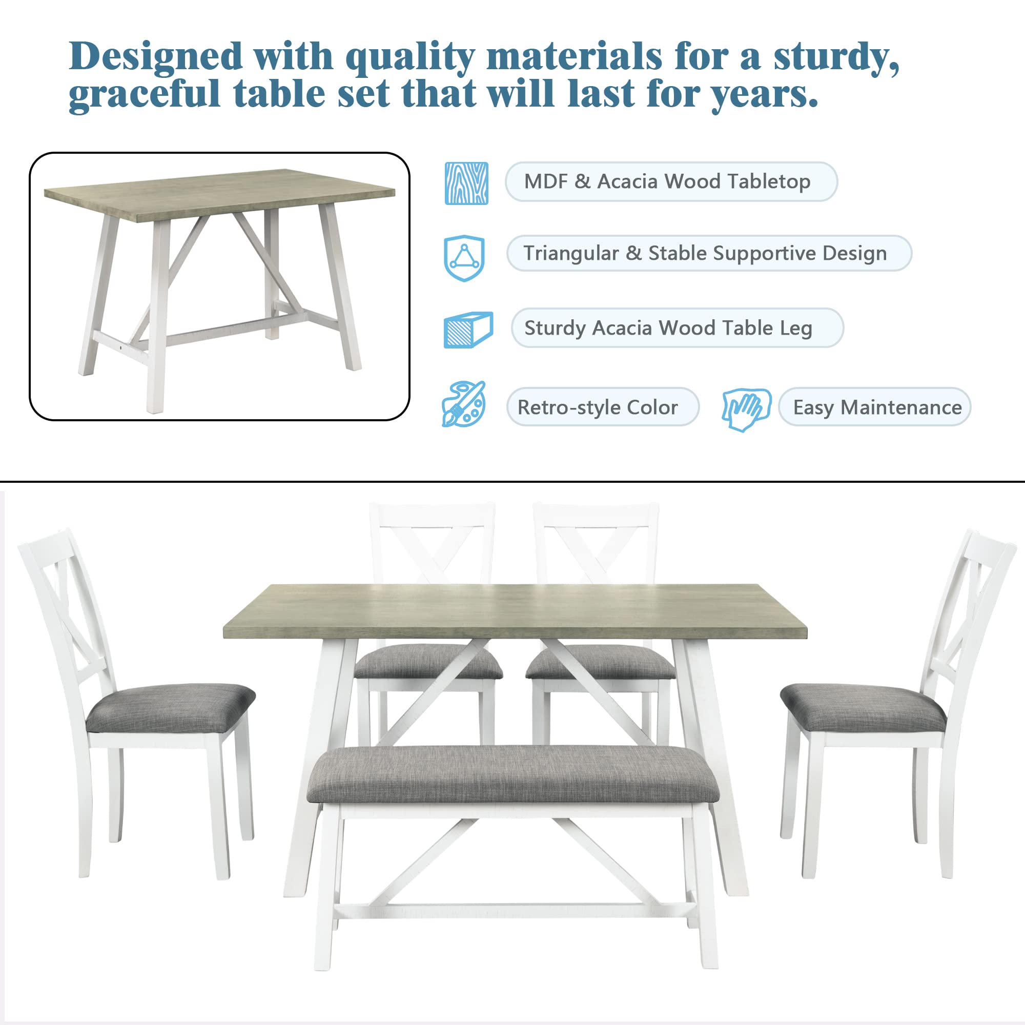 6 Piece Dining Table Set, Wood Dining Dinette Table and 4 Chairs with 1 Bench with Cushion, Rustic Style Kitchen Table Set for 6 Persons, White with Gray