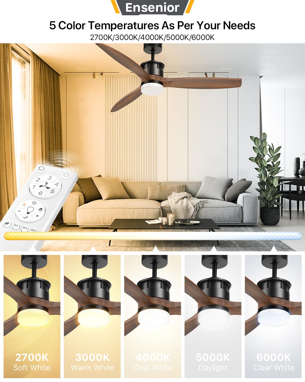 Ensenior 52’’ Wood Ceiling Fan with Light and Remote Control, Reversible and Silent DC motor, Modern Ceiling Fan with Remote for Bedroom, Living Room, 5CCT selectable LED Light, Black (335)