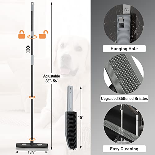 Sunally Rubber Broom Pet Hair Remover, Fur Remover Broom with Squeegee for Fluff Carpet, Hardwood Floor, Tile, Window, Black Grey, Includes Portable Lint Remover Brush and Broom Holder