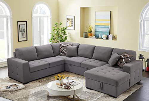 U-Shaped Oversized Polyester Sectional Sofa with Pull Out Sleeper Couch Bed & Storage Chaise Lounge, King Functional Sofá w/ 4 Pillows for Large Flat Mansion Villa Living Room Furniture Sets, Grey