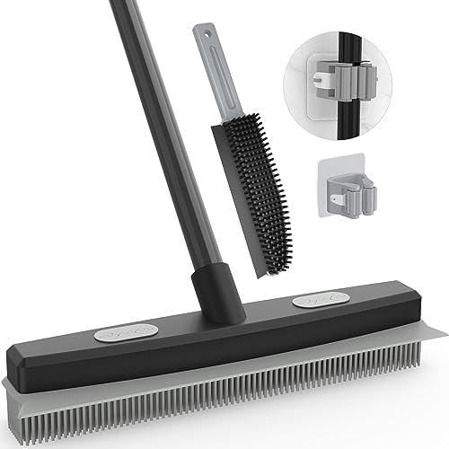 Sunally Rubber Broom Pet Hair Remover, Fur Remover Broom with Squeegee for Fluff Carpet, Hardwood Floor, Tile, Window, Black Grey, Includes Portable Lint Remover Brush and Broom Holder