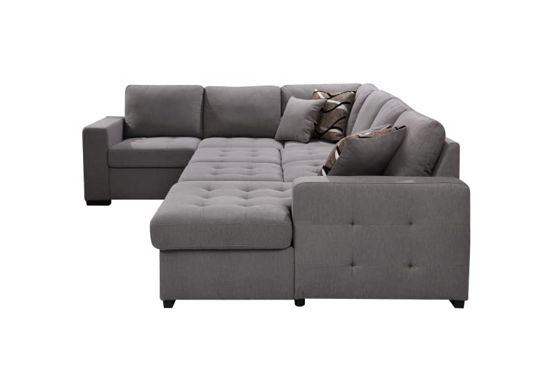 U-Shaped Oversized Polyester Sectional Sofa with Pull Out Sleeper Couch Bed & Storage Chaise Lounge, King Functional Sofá w/ 4 Pillows for Large Flat Mansion Villa Living Room Furniture Sets, Grey