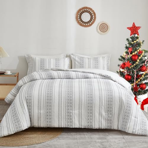 MOVE OVER Gray Jacquard Comforter Set Boho Comforter Set Queen 300TC 100% Yarn Dyed Cotton Bohemian Paisley Flower Design Boho Textured Stripes Jacquard Tufted Comforter Set