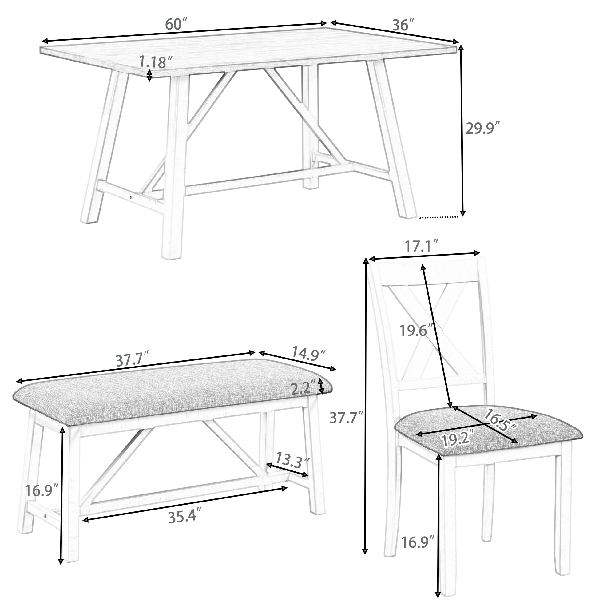 6 Piece Dining Table Set, Wood Dining Dinette Table and 4 Chairs with 1 Bench with Cushion, Rustic Style Kitchen Table Set for 6 Persons, White with Gray