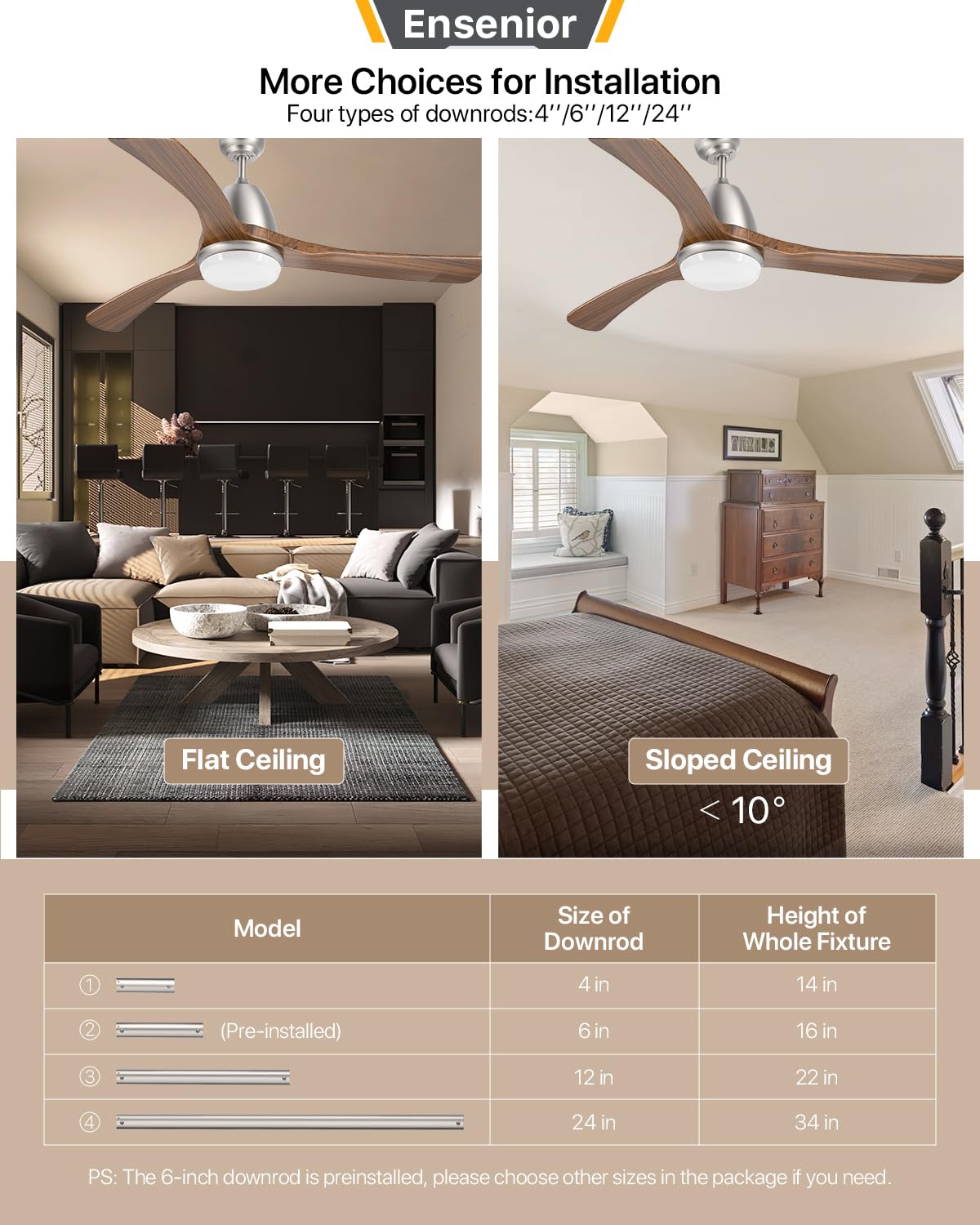 Ensenior 52’’ Wood Ceiling Fan with Light and Remote Control, Reversible and Silent DC motor, Modern Ceiling Fan with Remote for Bedroom, Living Room, 5CCT selectable LED Light, Brushed Nickel (425)