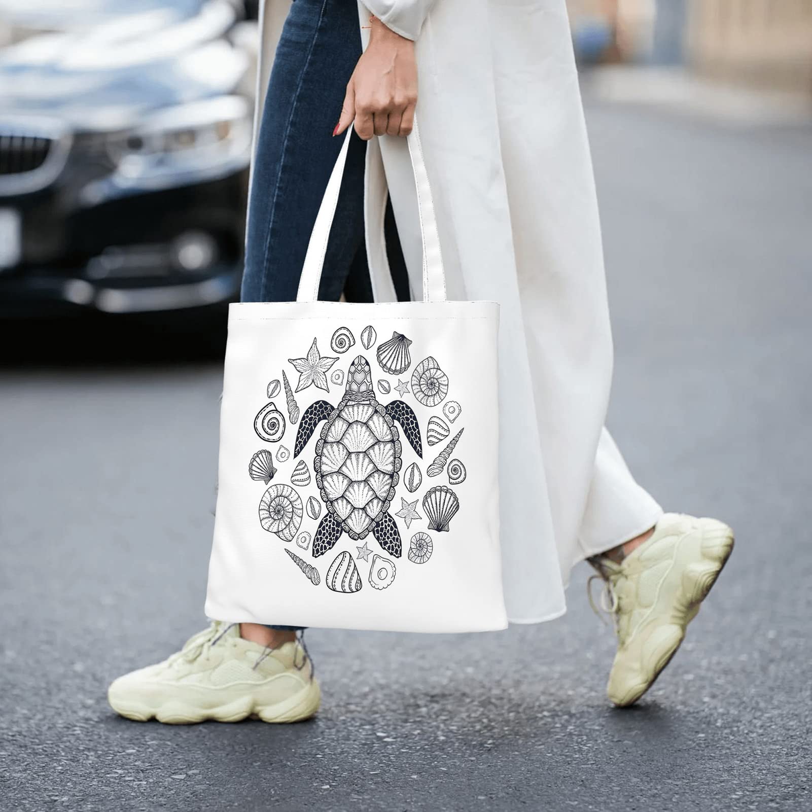TifyDon Canvas Tote Bag,Tropical Turtle Shells Reusable Large Shopping Shoulder Tote Bag For Women,Sea Art Style Top View Ocean Boho Doodle Tribal Artwork Carapace Beach Tote Bags Bulk
