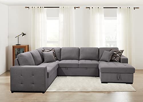 U-Shaped Oversized Polyester Sectional Sofa with Pull Out Sleeper Couch Bed & Storage Chaise Lounge, King Functional Sofá w/ 4 Pillows for Large Flat Mansion Villa Living Room Furniture Sets, Grey
