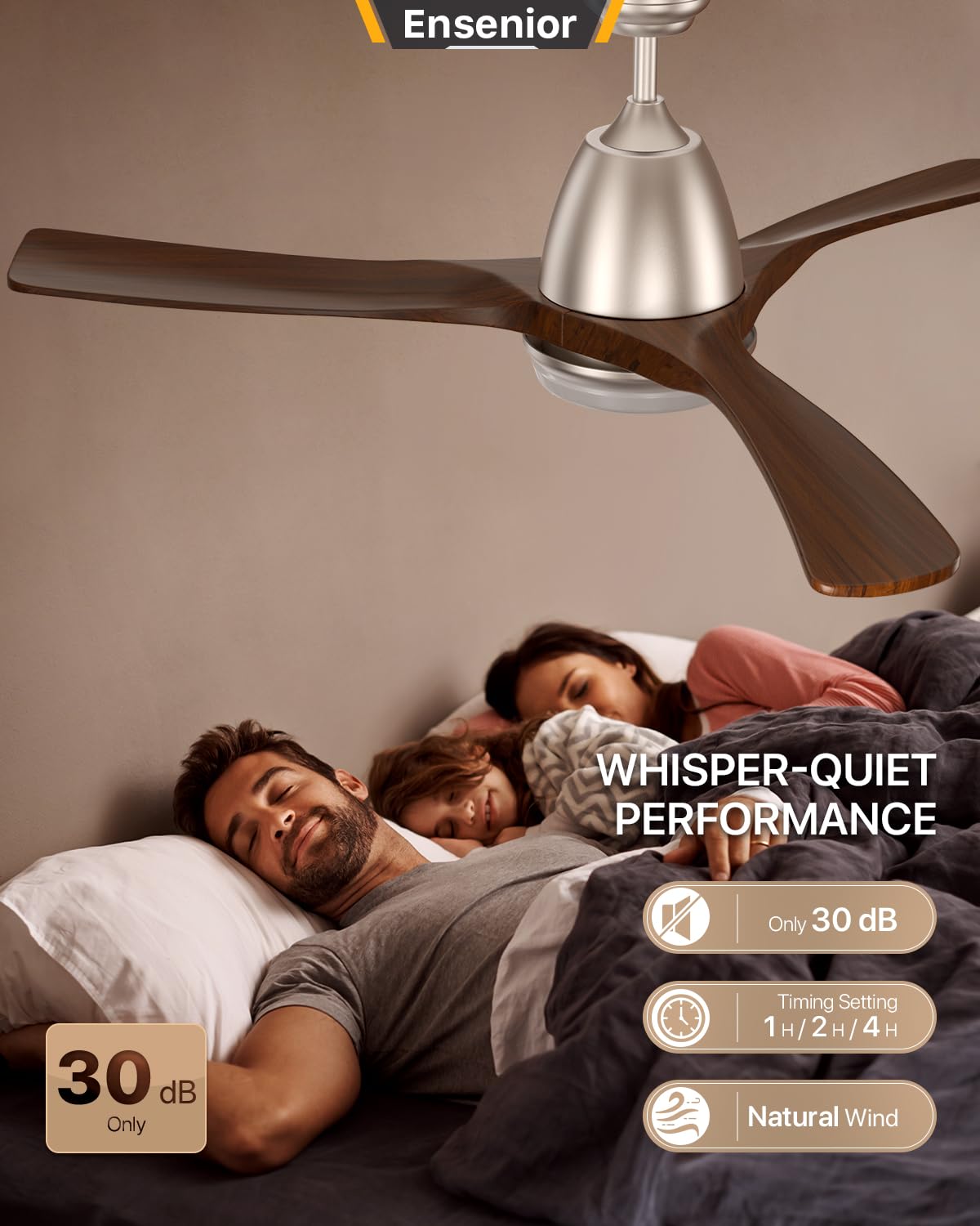 Ensenior 52’’ Wood Ceiling Fan with Light and Remote Control, Reversible and Silent DC motor, Modern Ceiling Fan with Remote for Bedroom, Living Room, 5CCT selectable LED Light, Brushed Nickel (425)