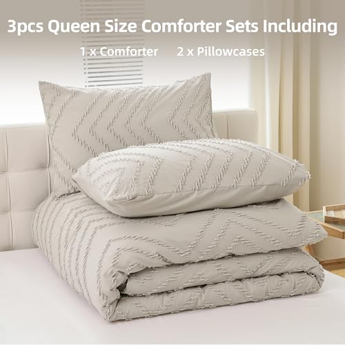 YIRDDEO Boho Chevron Comforter Set Queen Size, 3Pcs Vertical Tufted Lightweight Cream Neutral Bed Set (1 Comforter, 2 Pillowcases)