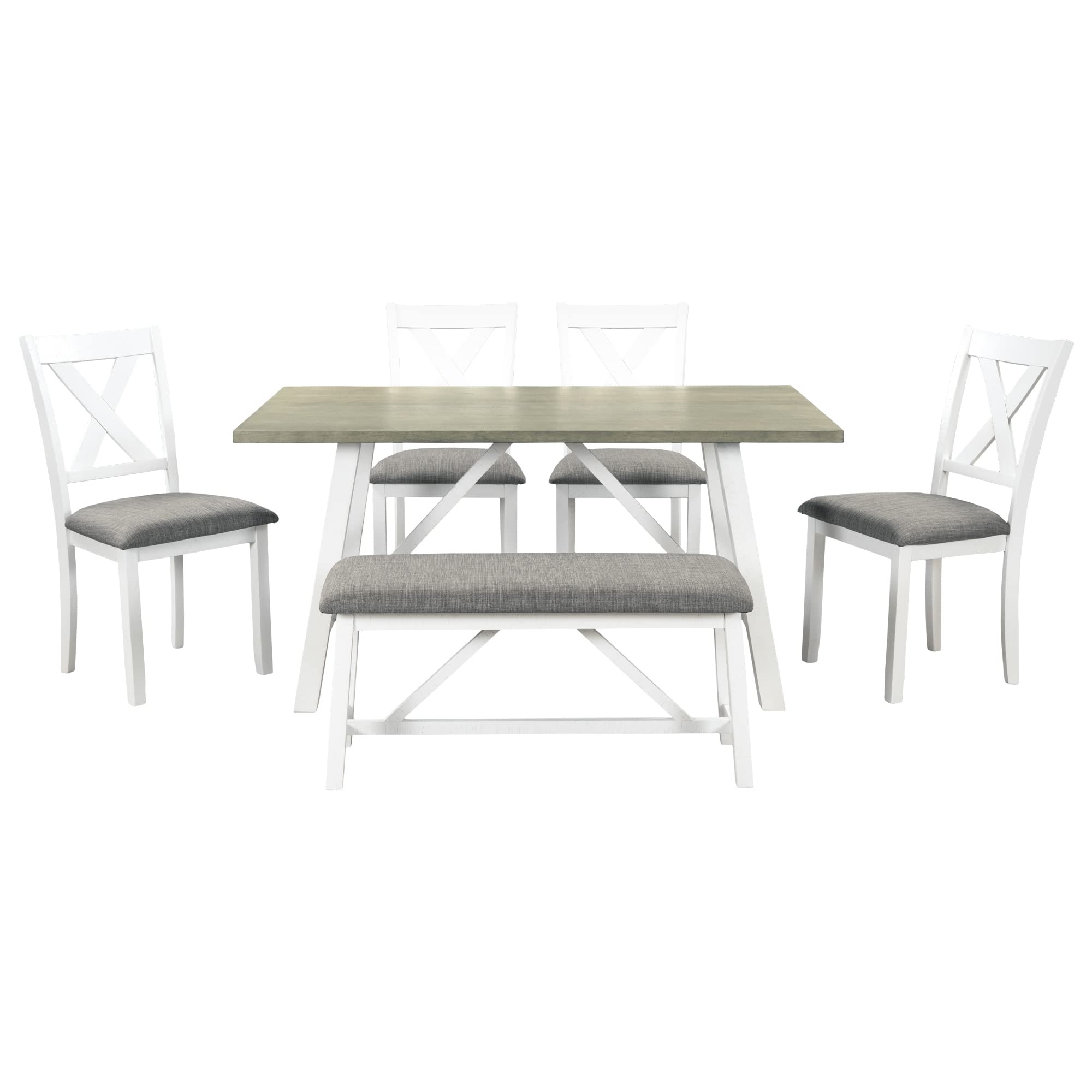 6 Piece Dining Table Set, Wood Dining Dinette Table and 4 Chairs with 1 Bench with Cushion, Rustic Style Kitchen Table Set for 6 Persons, White with Gray