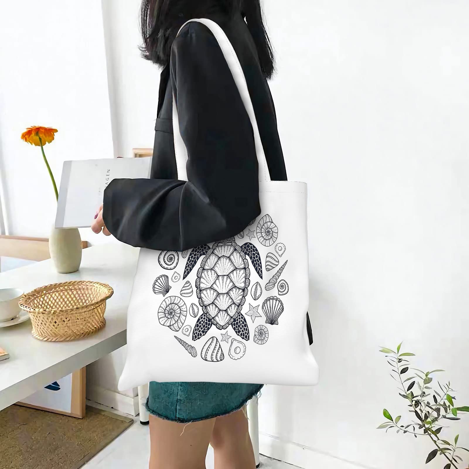 TifyDon Canvas Tote Bag,Tropical Turtle Shells Reusable Large Shopping Shoulder Tote Bag For Women,Sea Art Style Top View Ocean Boho Doodle Tribal Artwork Carapace Beach Tote Bags Bulk