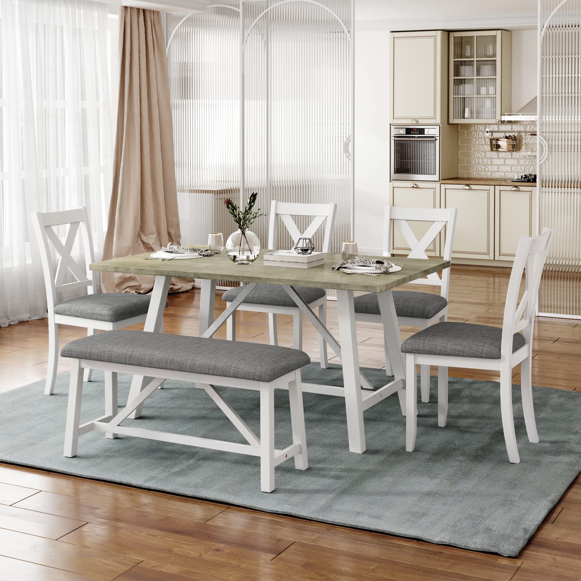 6 Piece Dining Table Set, Wood Dining Dinette Table and 4 Chairs with 1 Bench with Cushion, Rustic Style Kitchen Table Set for 6 Persons, White with Gray