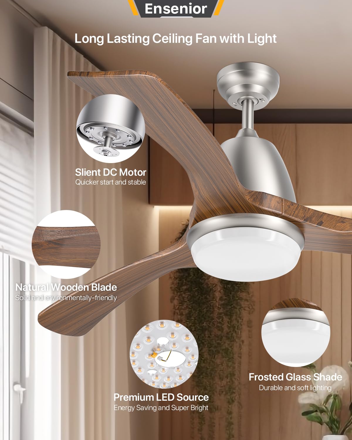 Ensenior 52’’ Wood Ceiling Fan with Light and Remote Control, Reversible and Silent DC motor, Modern Ceiling Fan with Remote for Bedroom, Living Room, 5CCT selectable LED Light, Brushed Nickel (425)
