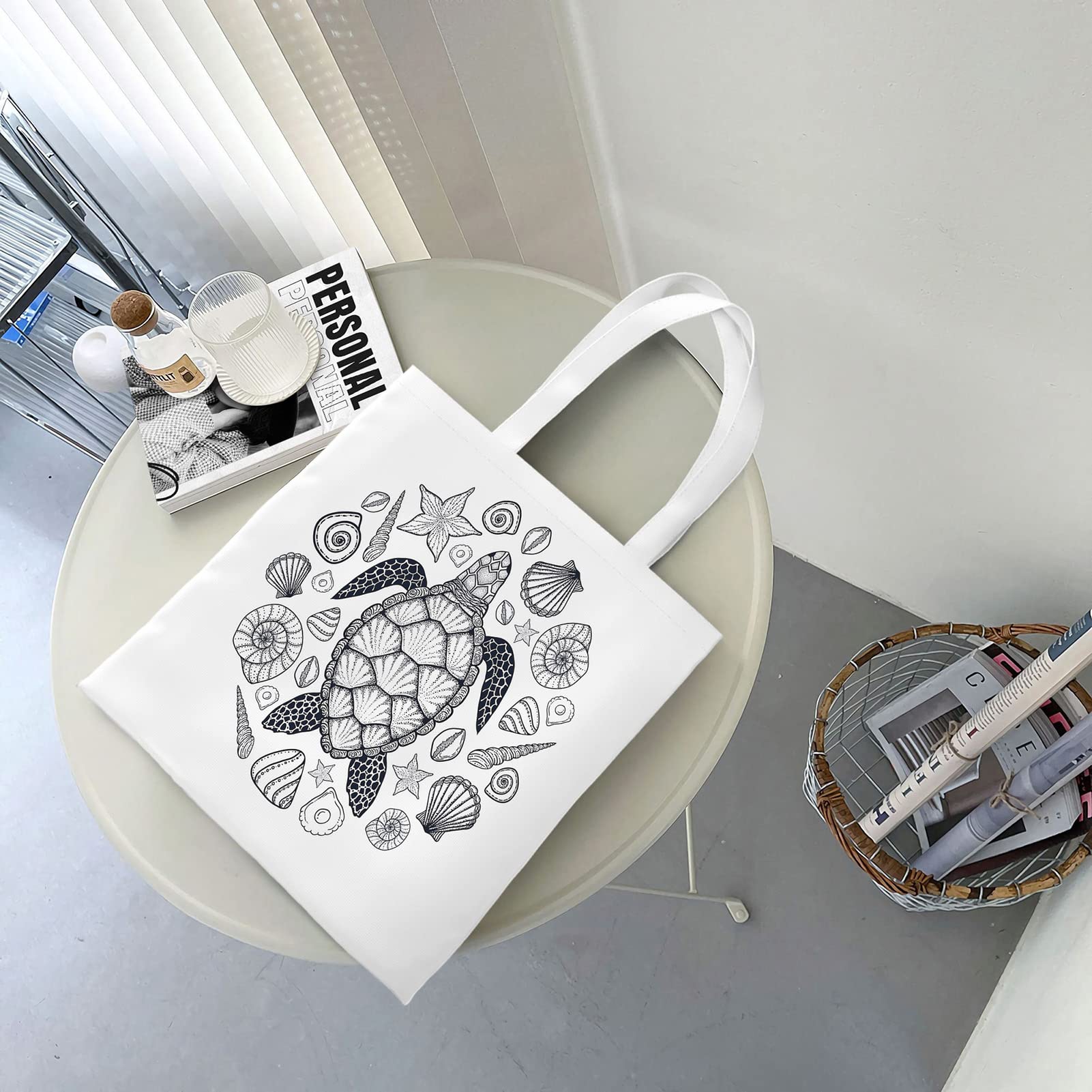 TifyDon Canvas Tote Bag,Tropical Turtle Shells Reusable Large Shopping Shoulder Tote Bag For Women,Sea Art Style Top View Ocean Boho Doodle Tribal Artwork Carapace Beach Tote Bags Bulk