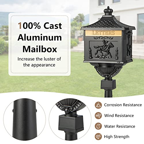 Giantex Cast Aluminum Mailbox with Post - Locking Residential Mailboxes for Outside with Keys, Baffle Door, Expansion Bolts, Address Panel, In-Ground Rust-Proof Large Security Postal Mailbox (Black)