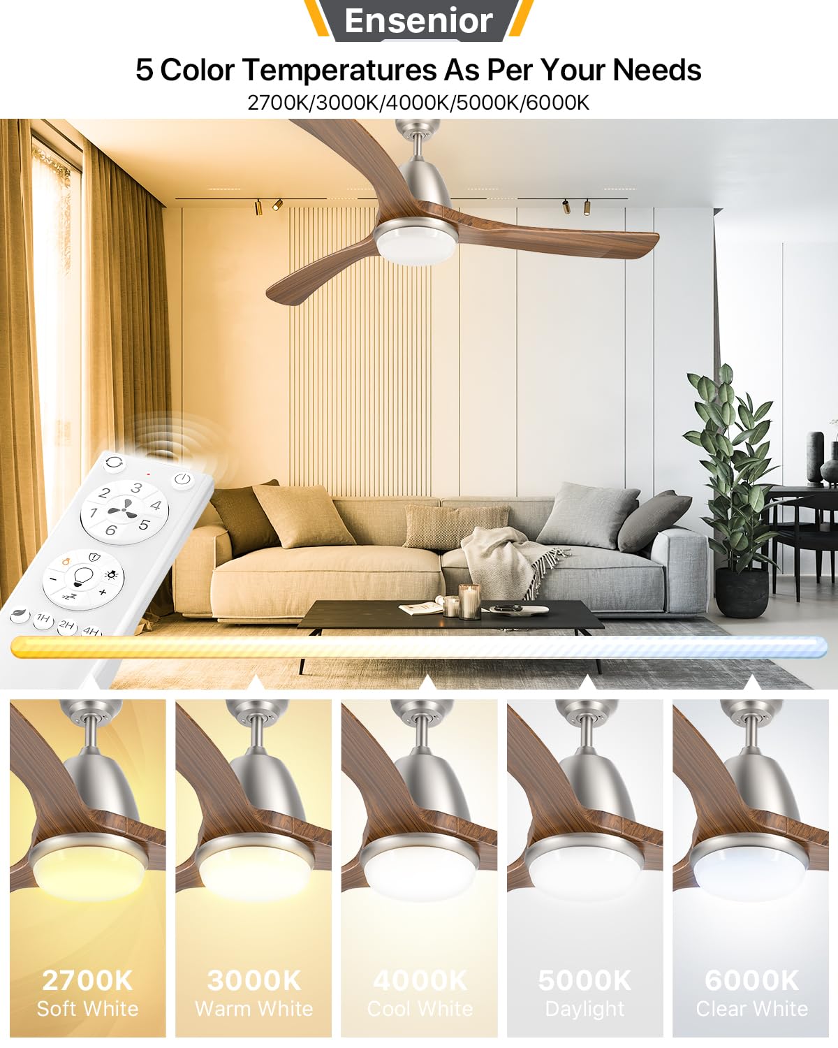 Ensenior 52’’ Wood Ceiling Fan with Light and Remote Control, Reversible and Silent DC motor, Modern Ceiling Fan with Remote for Bedroom, Living Room, 5CCT selectable LED Light, Brushed Nickel (425)