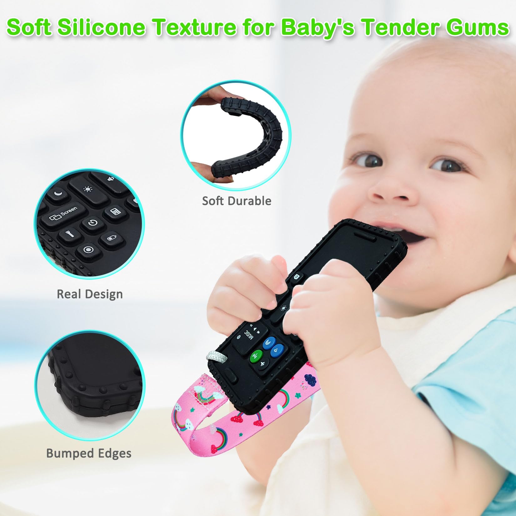Andywoo Teething Toys for Babies 0-6 Months 6-12 Months, Baby Teething Remote Control Teether Toys, Cell Phone Teether for Babies, Chew Toy for Baby, Silicone Sensory Baby Teethers Toys - Black