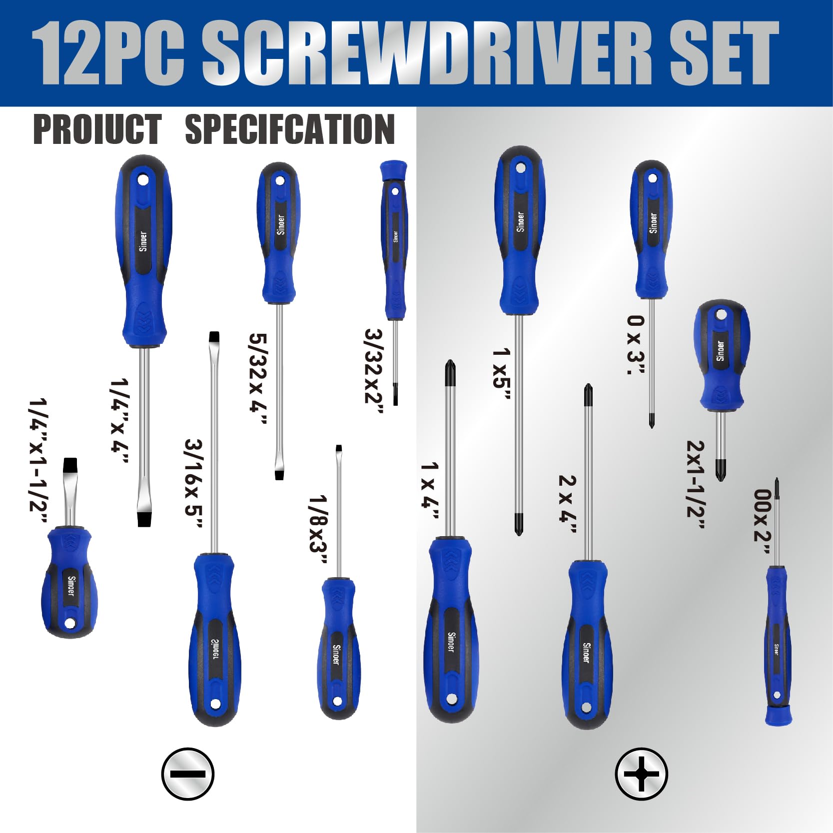 Sinoer 12-Pieces Magnetic Screwdrivers Set, 6 Phillips and 6 Flat Head Tips,Chrome Vanadium steel,Screwdriver Set for Home Repair and DIY