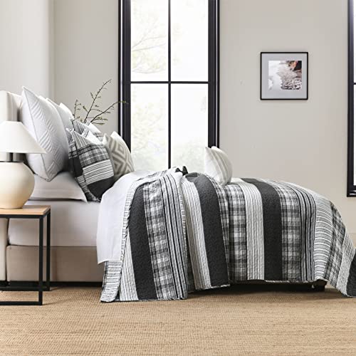 YUMIYUSHI Quilt King Size - Cotton King Quilt Set,White Black Gray Striped Plaid King Quilt Bedding Set,Farmhouse Patchwork Bedspreads,Lightweight Reversible Comforter for All Season,3-Piece