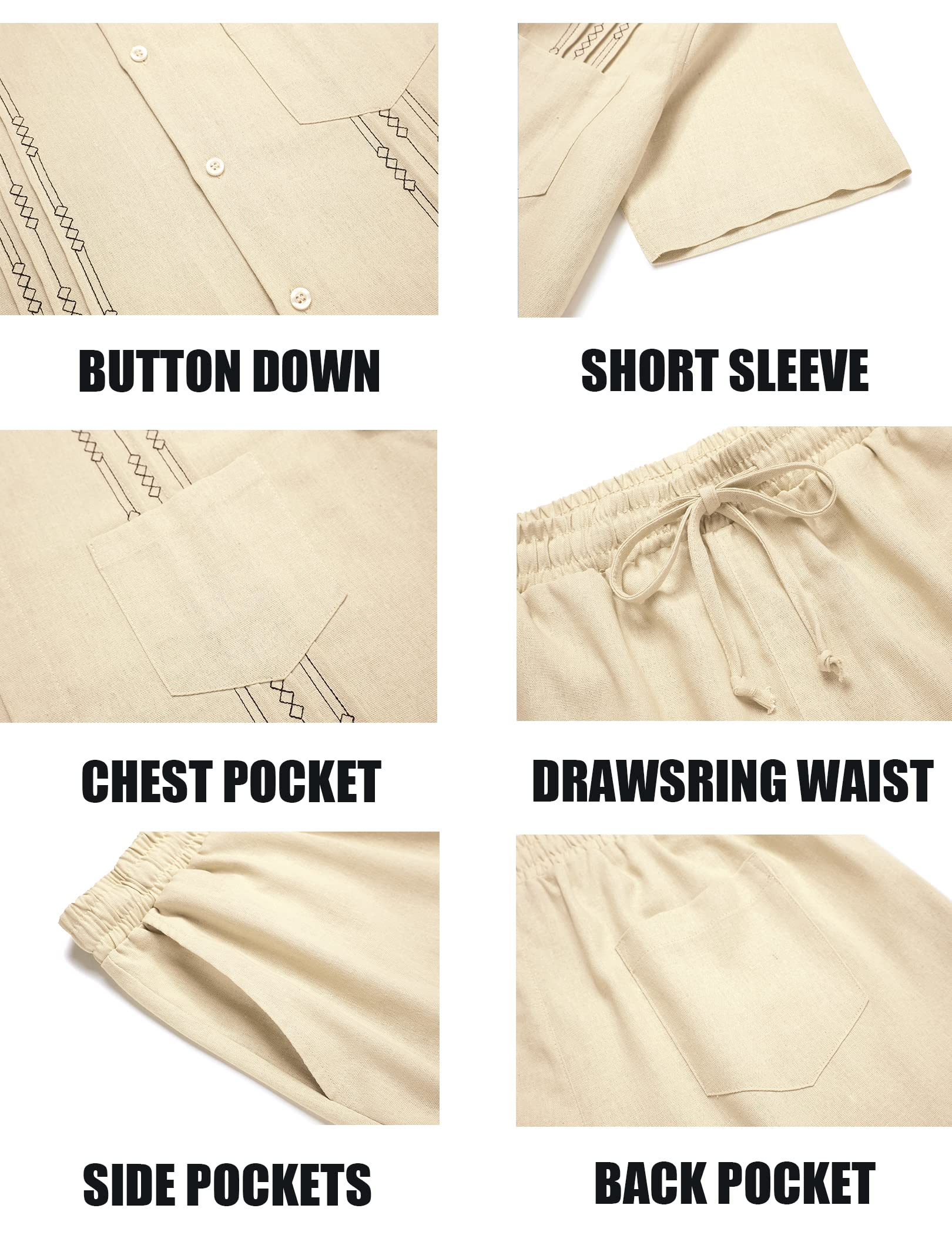 COOFANDY Guayabera Linen Suit for Men Mexican Style Beach Vacation Outfits Sets