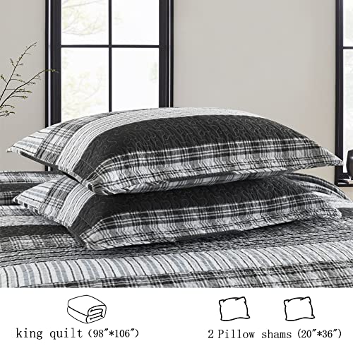 YUMIYUSHI Quilt King Size - Cotton King Quilt Set,White Black Gray Striped Plaid King Quilt Bedding Set,Farmhouse Patchwork Bedspreads,Lightweight Reversible Comforter for All Season,3-Piece