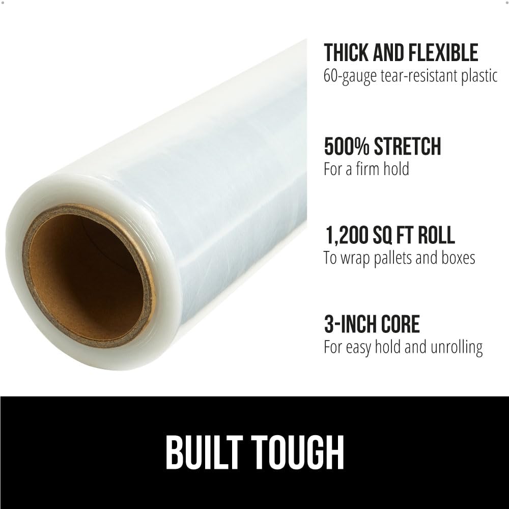 Gorilla Grip 500% Stretch Film Heavy Duty Plastic, 1200ft Shrink Wrap Roll 17" Puncture Resistant, Industrial Strength for Shipping, Pallet Storing, Moving, Packing Furniture Protection 1 Pack Clear