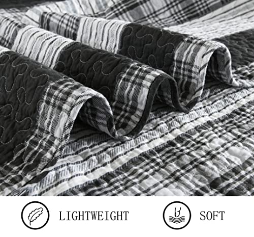 YUMIYUSHI Quilt King Size - Cotton King Quilt Set,White Black Gray Striped Plaid King Quilt Bedding Set,Farmhouse Patchwork Bedspreads,Lightweight Reversible Comforter for All Season,3-Piece