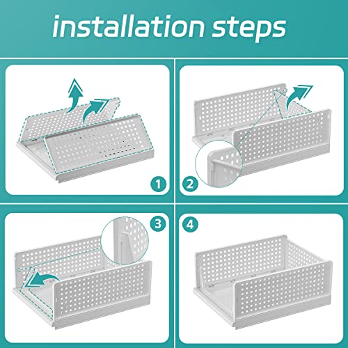 MVSRWLL Stackable Plastic Storage Basket Bin Shelf Box for Closet Wardrobe Organizer 8 Pack Foldable Clothes Drawer Storage Container for Cupboard Kitchen Bathroom Bedroom Office (White)(4L4S)